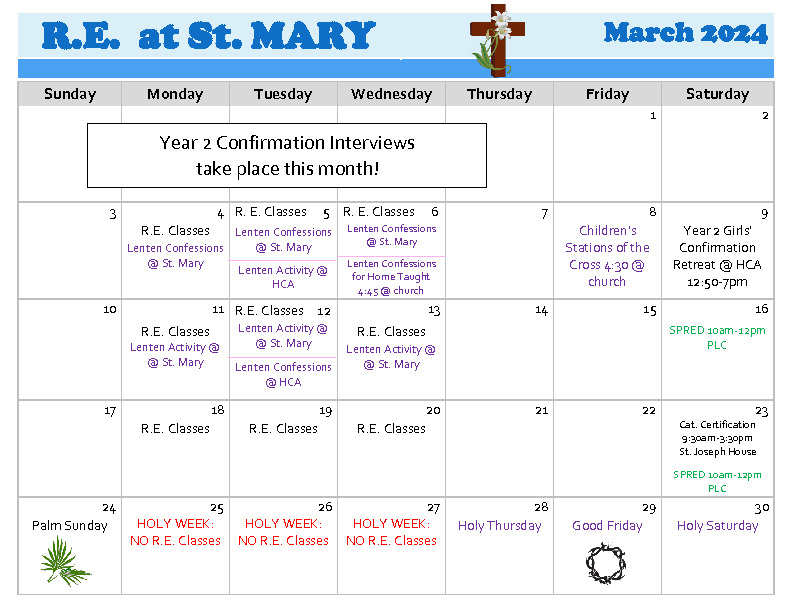 Religious Education Calendar – Saint Mary of the Immaculate Conception ...
