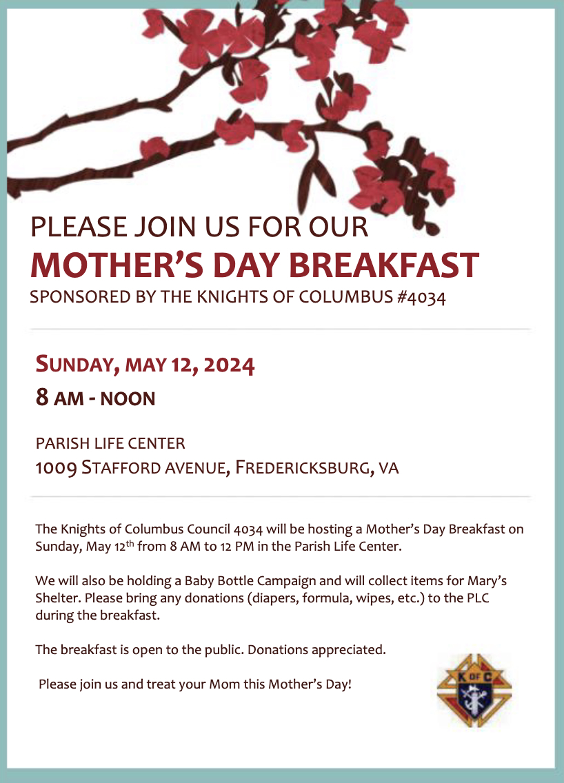 KofC Mother’s Day Breakfast on Sunday May 12 – Saint Mary of the ...